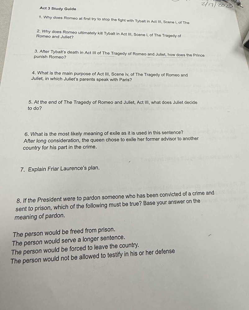 Solved: Act 3 Study Guide 1. Why does Romeo at first try to stop the ...