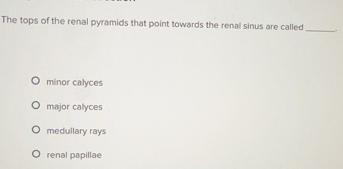 Solved: The tops of the renal pyramids that point towards the renal ...