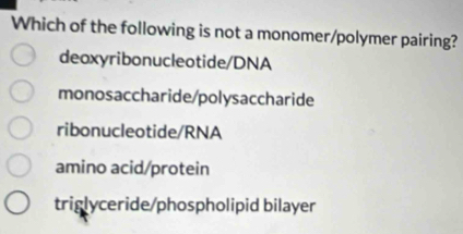 Solved: Which of the following is not a monomer/polymer pairing ...