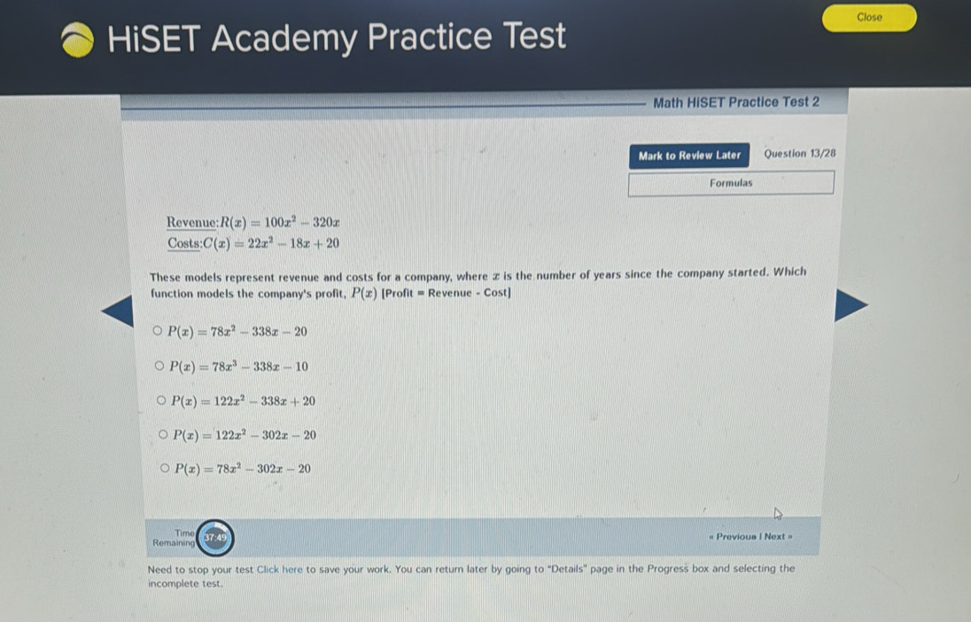Solved: Close HiSET Academy Practice Test Math HiSET Practice Test 2 ...