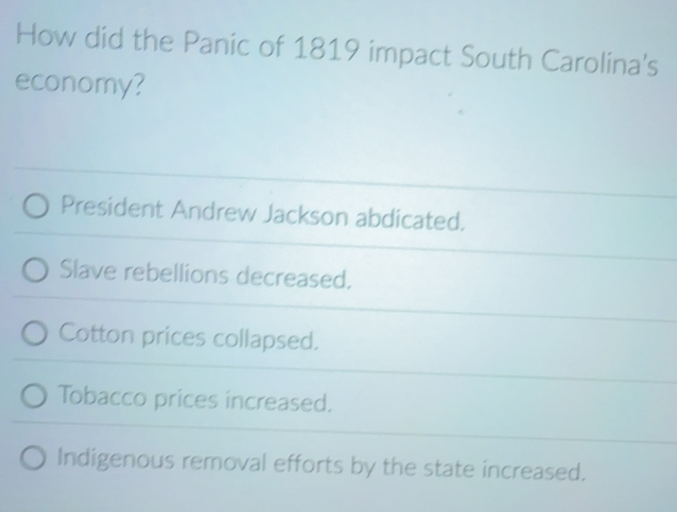 Solved: How did the Panic of 1819 impact South Carolina's economy ...
