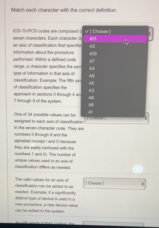 Solved: Match each character with the correct definition. ICD-10-PCS ...