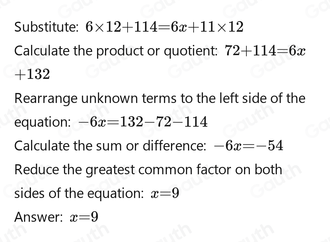 Solved: In the equation below, work out the value of x if y=12 6y+114 ...