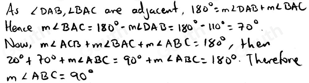 Solved: The measure of ∠ DAB equals 110°. The measure of ∠ ACB equals ...
