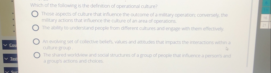 Solved: Which of the following is the definition of operational culture ...