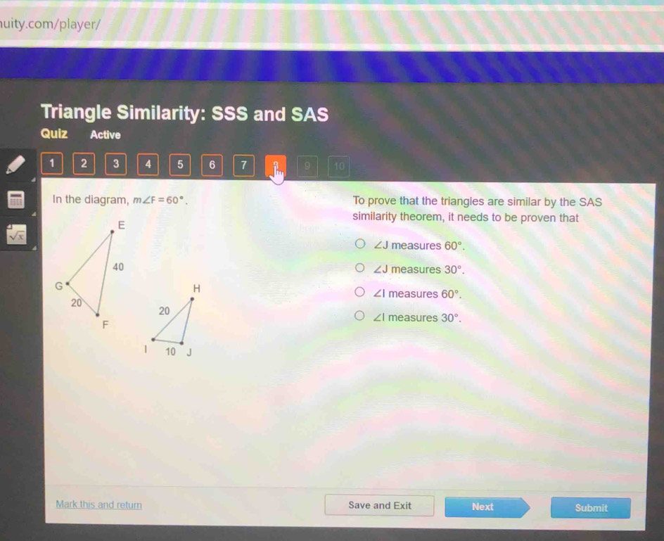 Solved: Triangle Similarity: SSS and SAS Quiz Active 1 2 3 4 5 6 7 a 9 ...