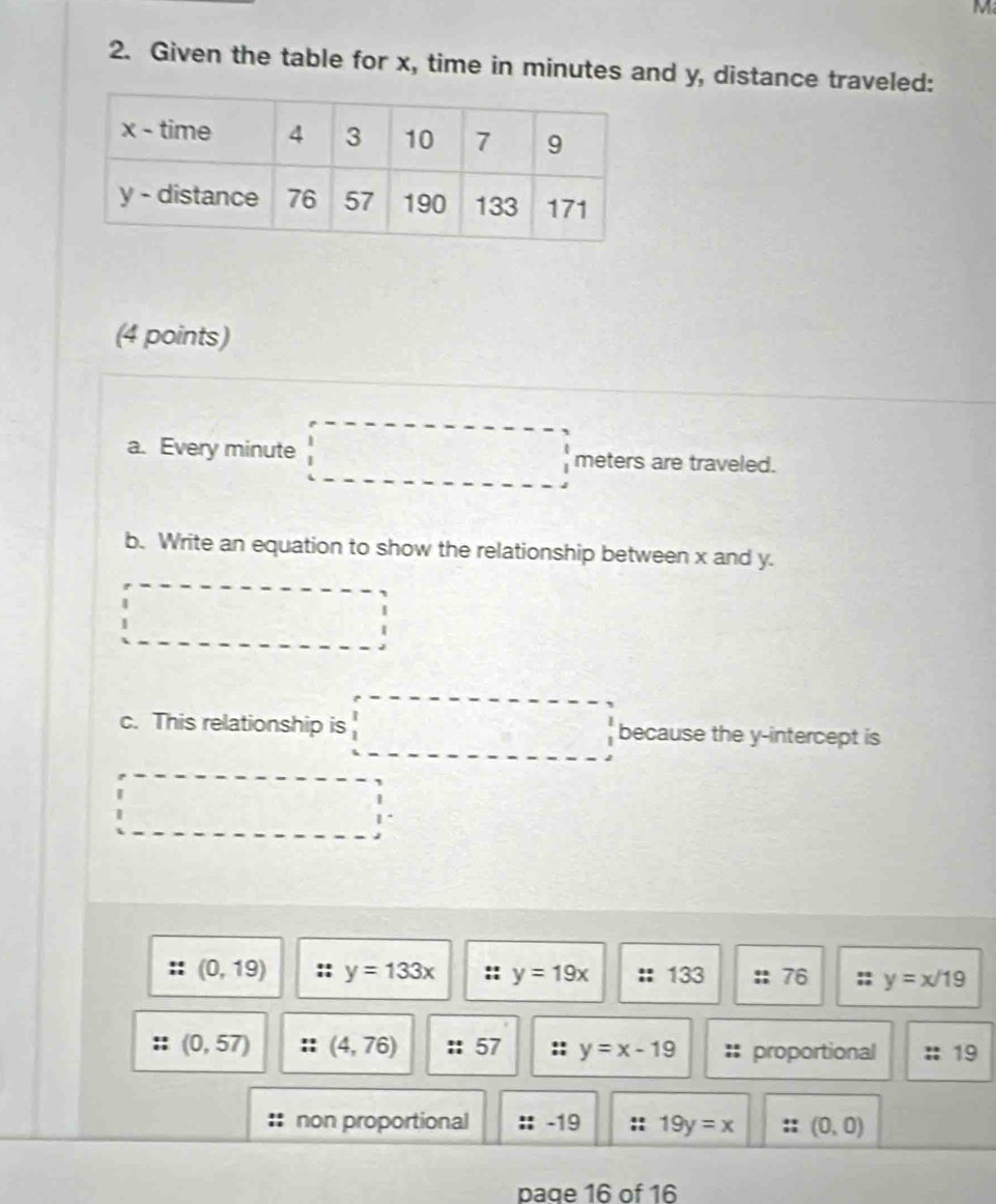 Solved: M 2. Given the table for x, time in minutes and y, distance ...