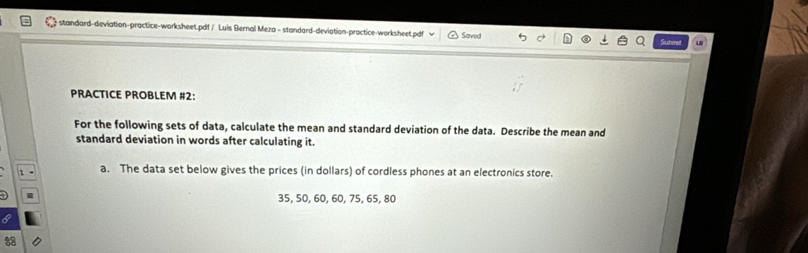 Solved: standard-deviation-practice-worksheet.pdf / Luis Bernal Meza ...