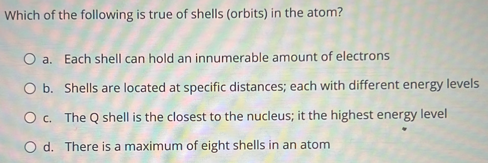 Solved: Which of the following is true of shells (orbits) in the atom ...