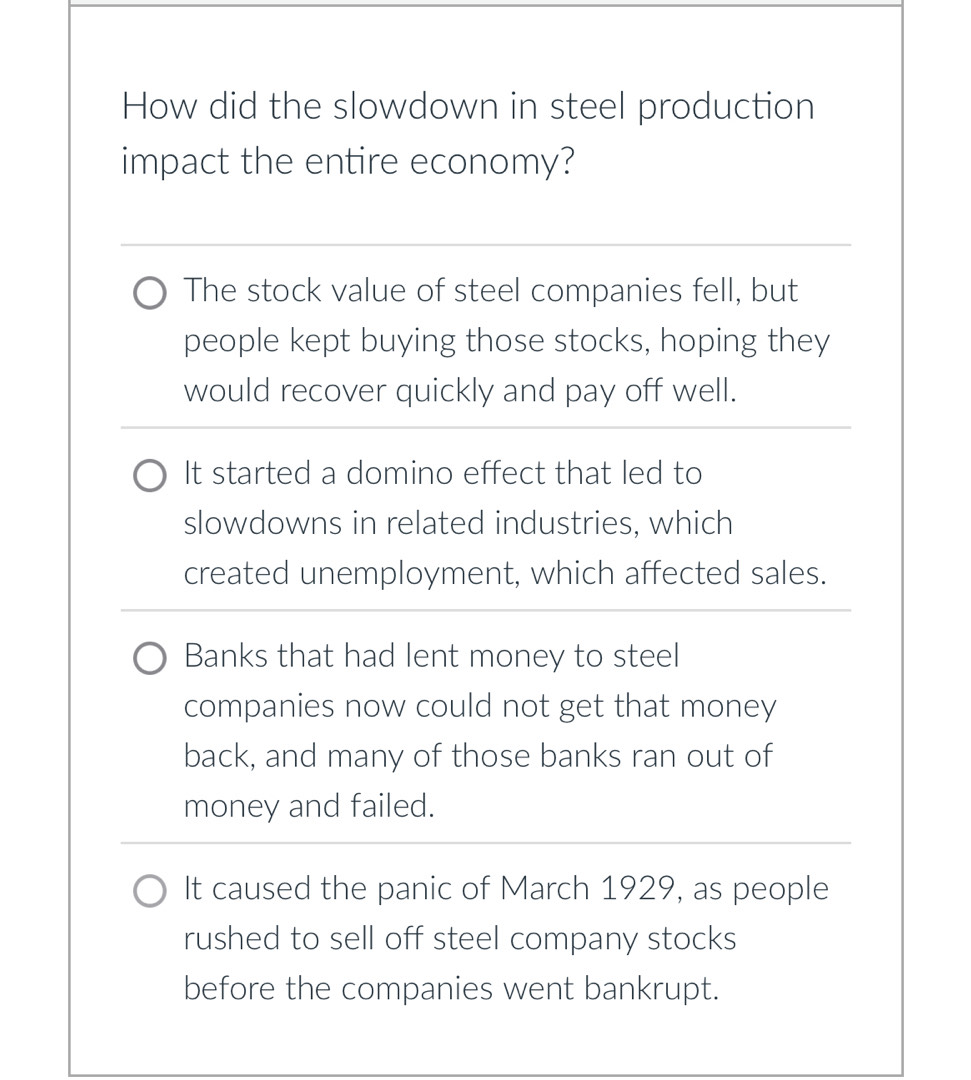 Solved: How did the slowdown in steel production impact the entire ...
