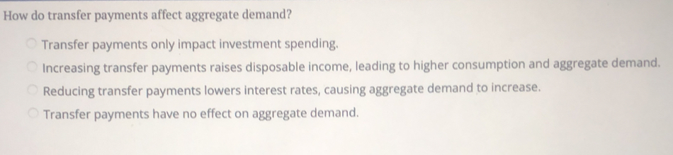 Solved: How do transfer payments affect aggregate demand? Transfer ...