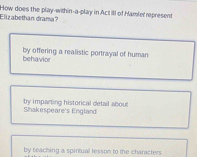 Solved: How does the play-within-a-play in Act III of Hamlet represent ...
