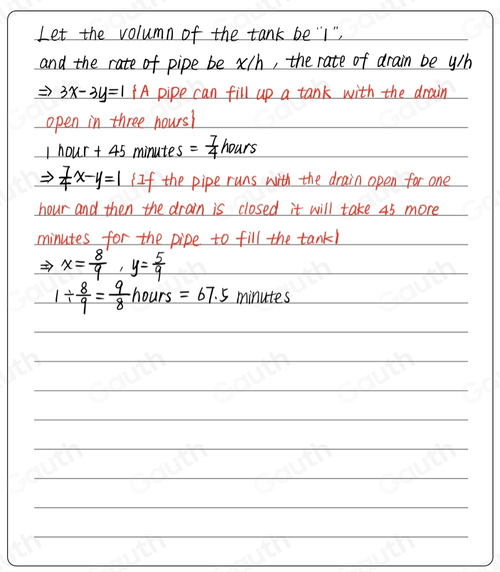 Solved: A pipe can fill up a tank with the drain open in three hours ...
