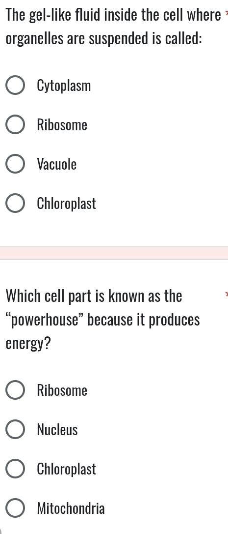 Solved: The gel-like fluid inside the cell where organelles are ...