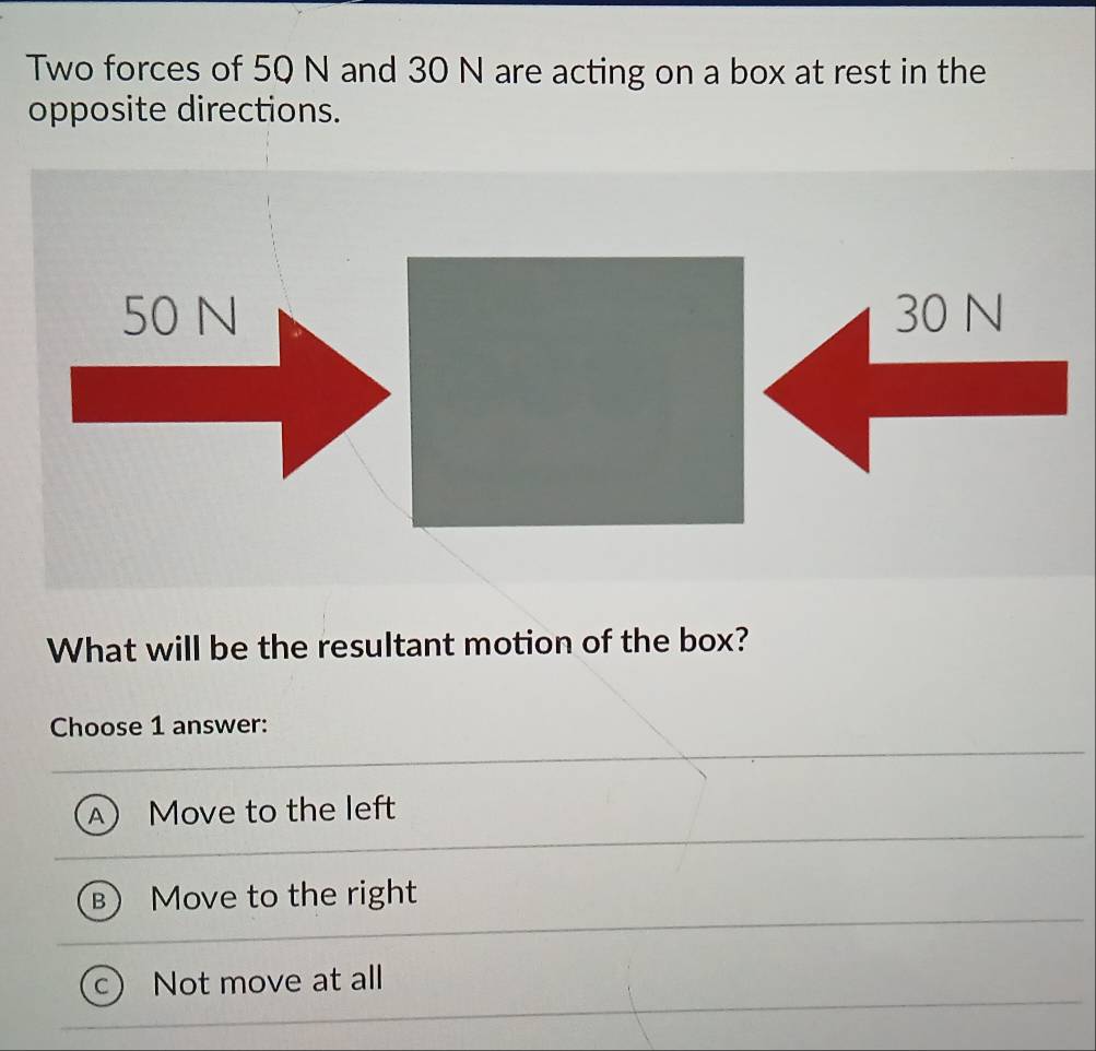 Solved: Two forces of 50 N and 30 N are acting on a box at rest in the ...
