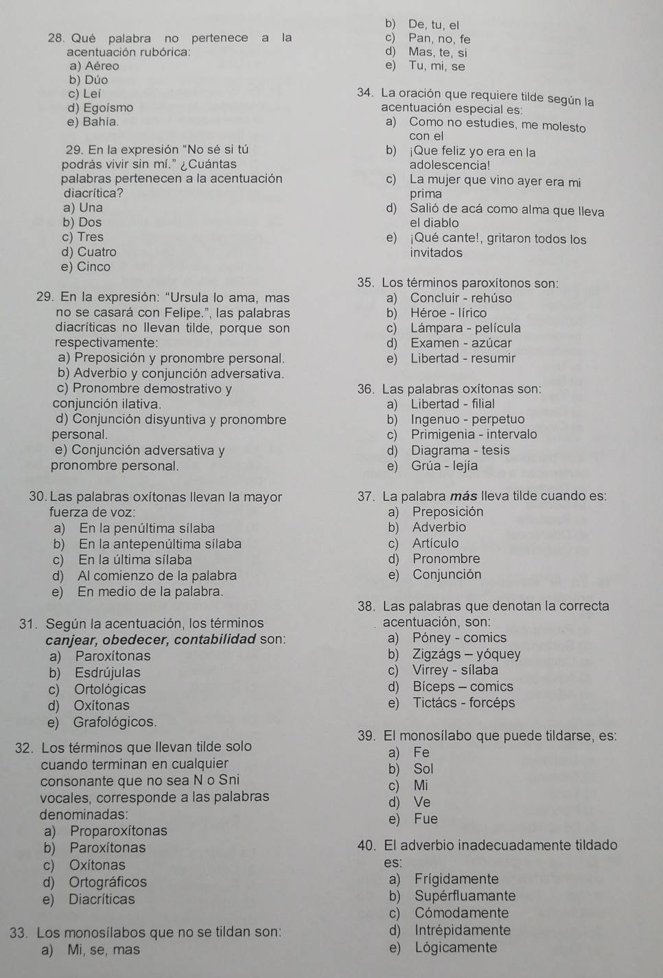 Resuelto:b) De, tu,el 28. Qué palabra no pertenece a la c) Pan, no, fe ...