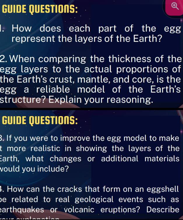 Solved: GUIDE QUESTIONS: l. How does each part of the egg represent the ...