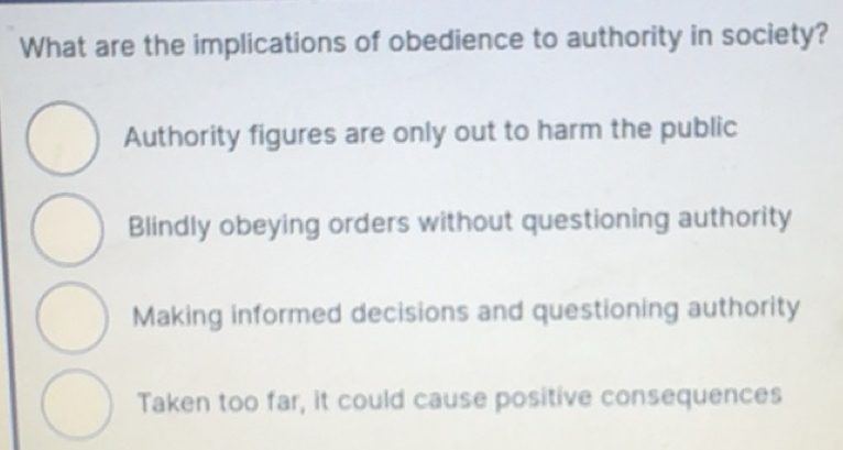Solved: What are the implications of obedience to authority in society ...