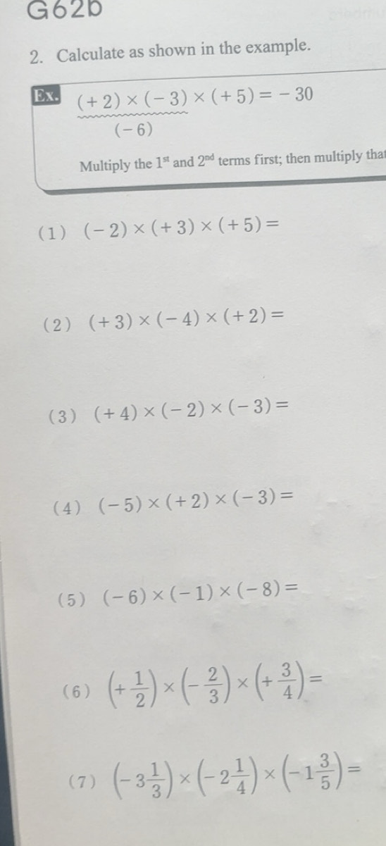 Solved: G62D 2. Calculate as shown in the example. Ex. ((+2)* (-3)* (+5 ...