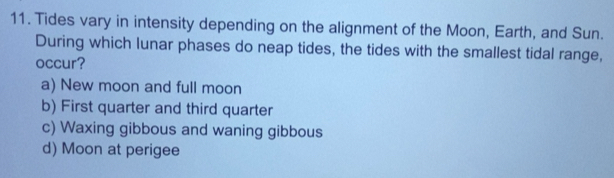 Solved: Tides vary in intensity depending on the alignment of the Moon ...