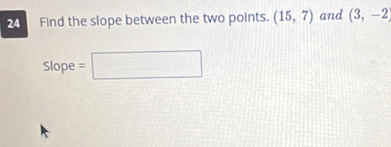 Solved: Find the slope between the two points. (15,7) and (3,-2) Slope ...