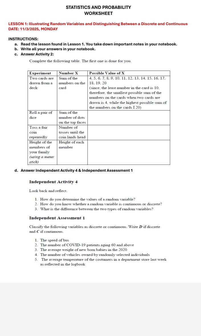 Solved: STATISTICS AND PROBABILITY WORKSHEET LESSON 1: Illustrating ...