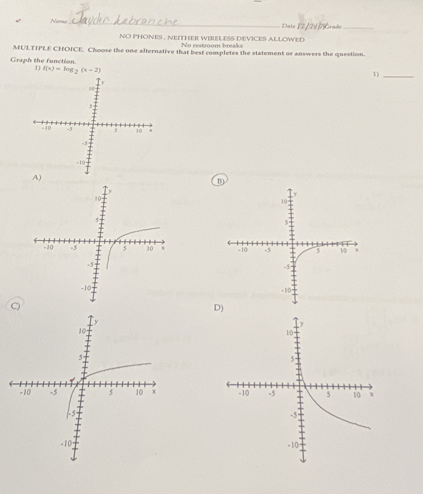 Solved: Name_ Date 12 /24 7rade_ NO PHONES , NEITHER WIRELESS DEVICES ...