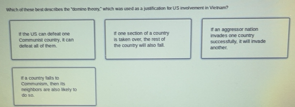 Solved: Which of these best describes the "domino theory," which was ...