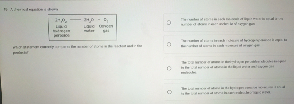 Solved: A chemical equation is shown. 2H_2O_2 2H_2O+O_2 The number of ...