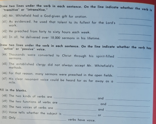 Solved: Draw two lines under the verb in each sentence. On the line ...