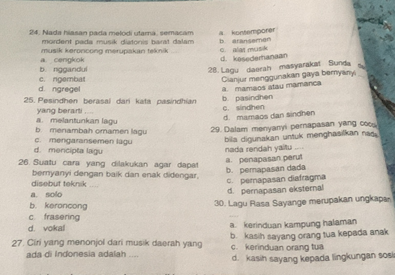 Telah dijawab:Nada hiasan pada melodi utama, semacam a. kontemporer ...