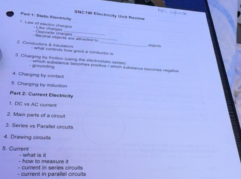 Solved: Apr. zozo SNC1W Electricity Unit Review Part 1: Static ...