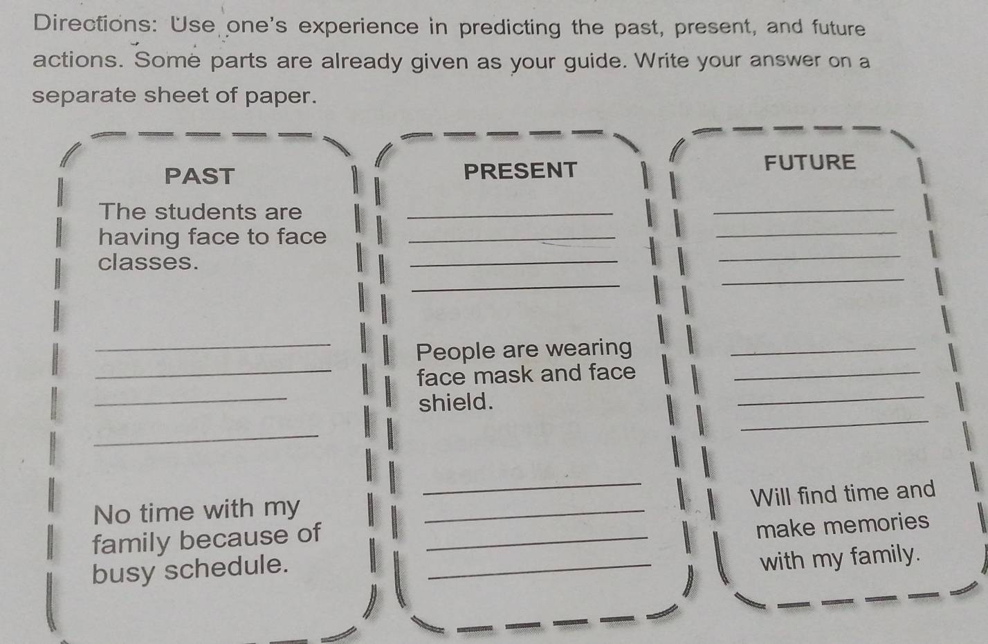 Solved: Directions: Use one's experience in predicting the past, present, and future actions ...