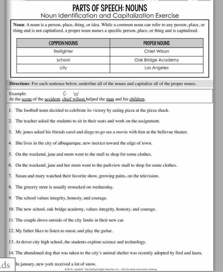 Solved: PARTS OF SPEECH: NOUNS Noun Identification and Capitalization ...