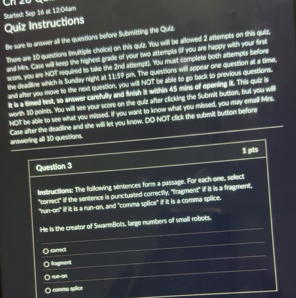 Solved: Started: Sep 16 at 12:04am Quiz Instructions Be sure to answer ...