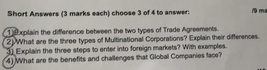Solved: Short Answers (3 marks each) choose 3 of 4 to answer: /9 m (1 ...