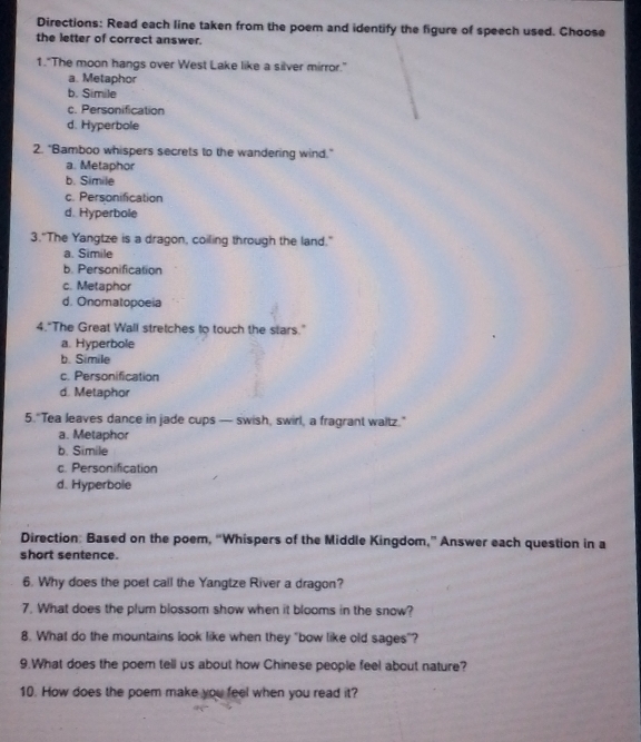 Solved: Directions: Read each line taken from the poem and identify the ...