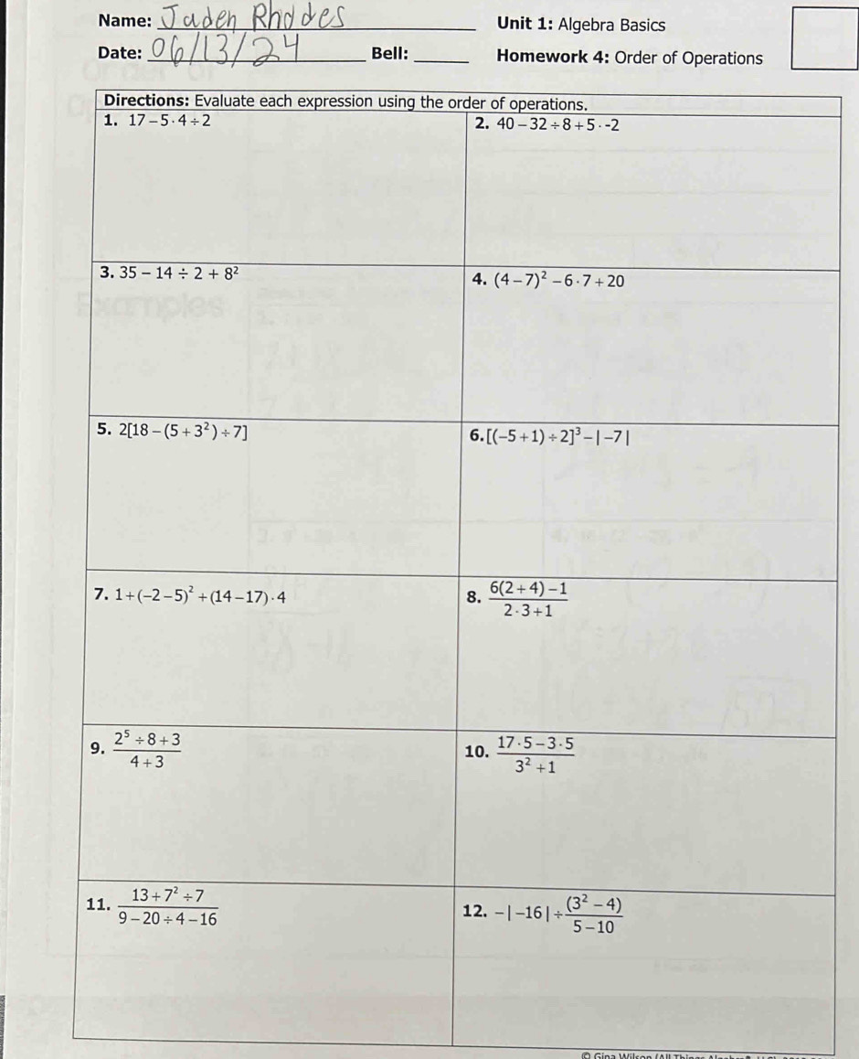 Solved: Name: _Unit 1: Algebra Basics Date: _Bell:_ Homework 4: Order ...