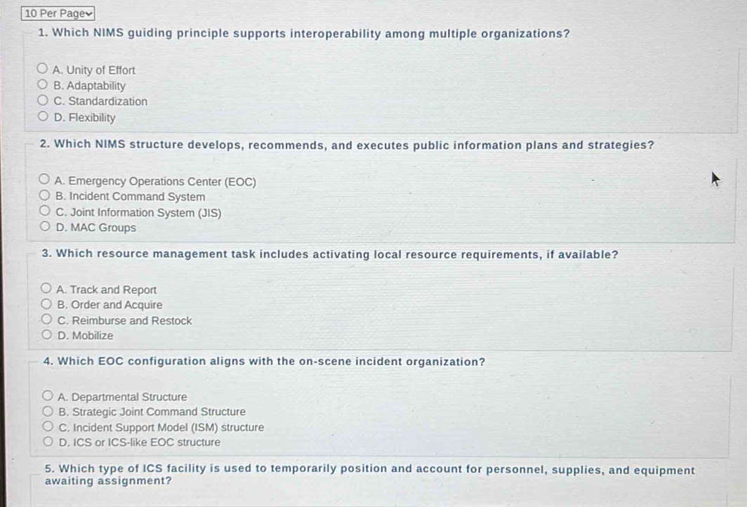 Solved: Per Pageó 1. Which NIMS guiding principle supports ...