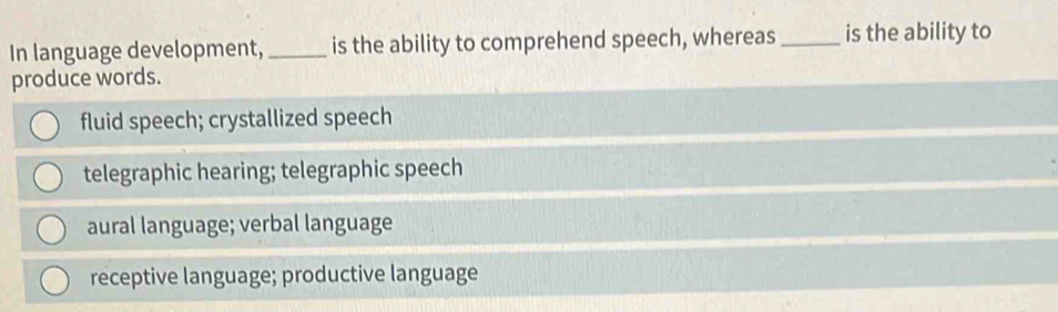 Solved: In language development, _is the ability to comprehend speech ...