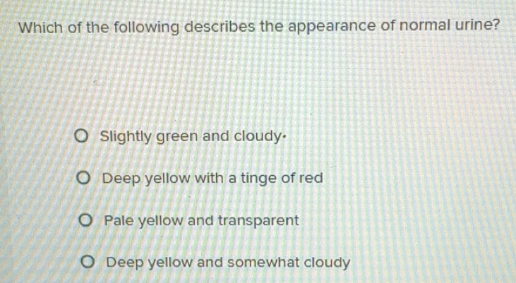 Solved: Which of the following describes the appearance of normal urine ...