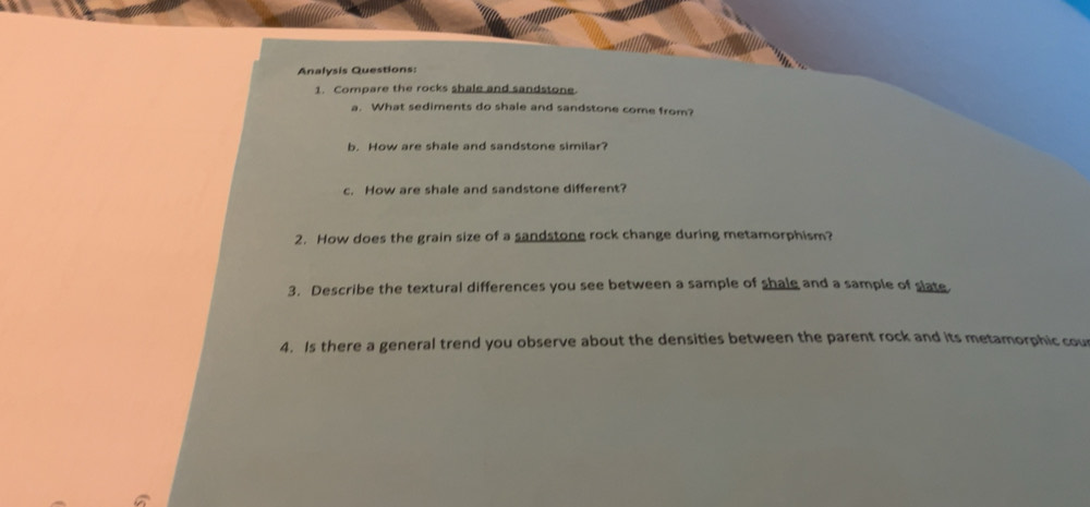 Solved: Analysis Questions: 1. Compare the rocks shale and sandstone a ...