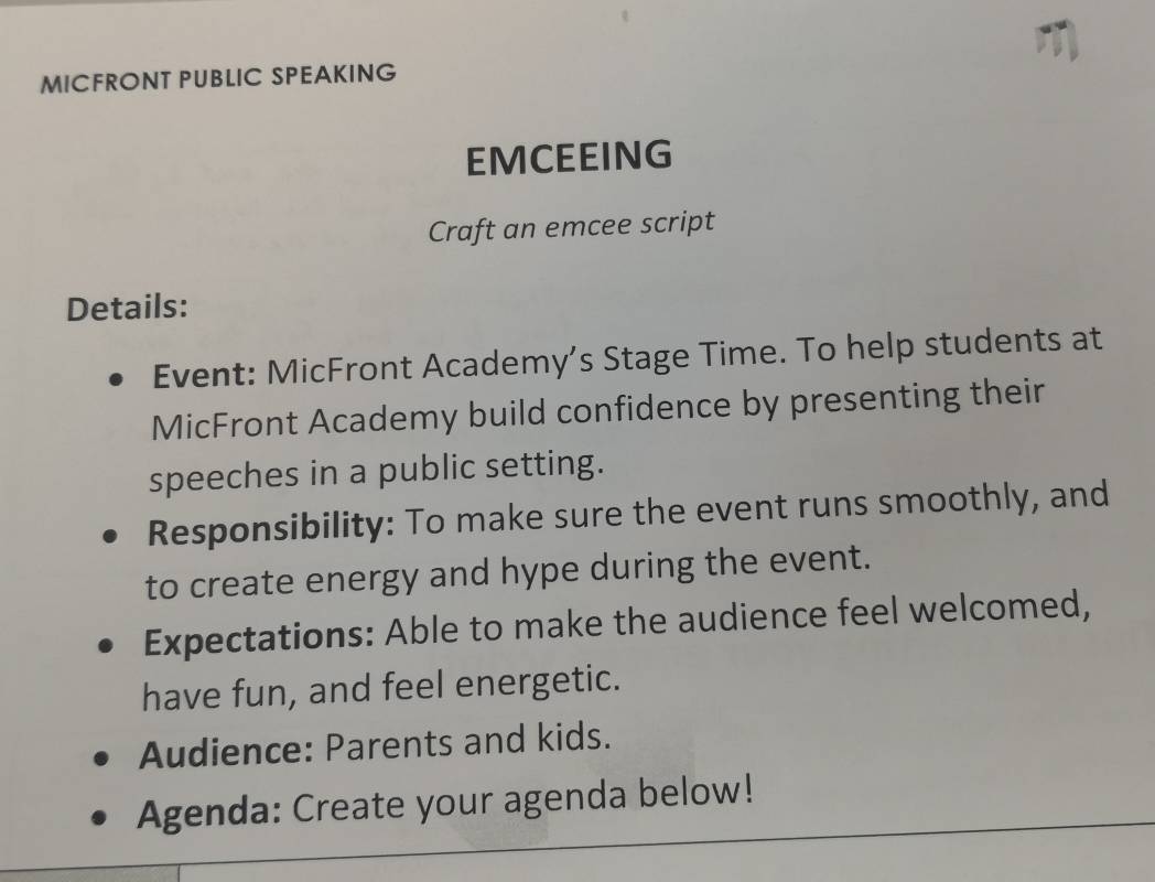 Selesai:MICFRONT PUBLIC SPEAKING EMCEEING Craft an emcee script Details ...
