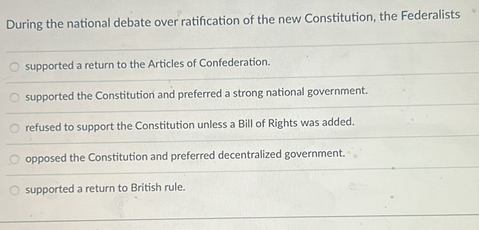 Solved: During the national debate over ratification of the new ...