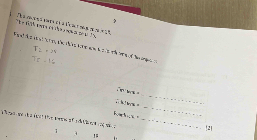 Solved: The second term of a linear sequence is 28. The fifth term of ...