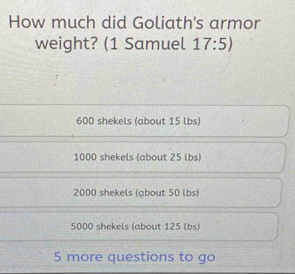 Solved: How much did Goliath's armor weight? (1 Samuel 17:5) 600 ...