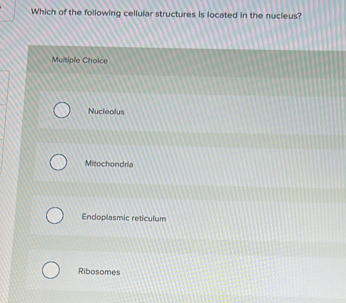 Solved: Which of the following cellular structures is located in the nucleus? Multiple Choice ...