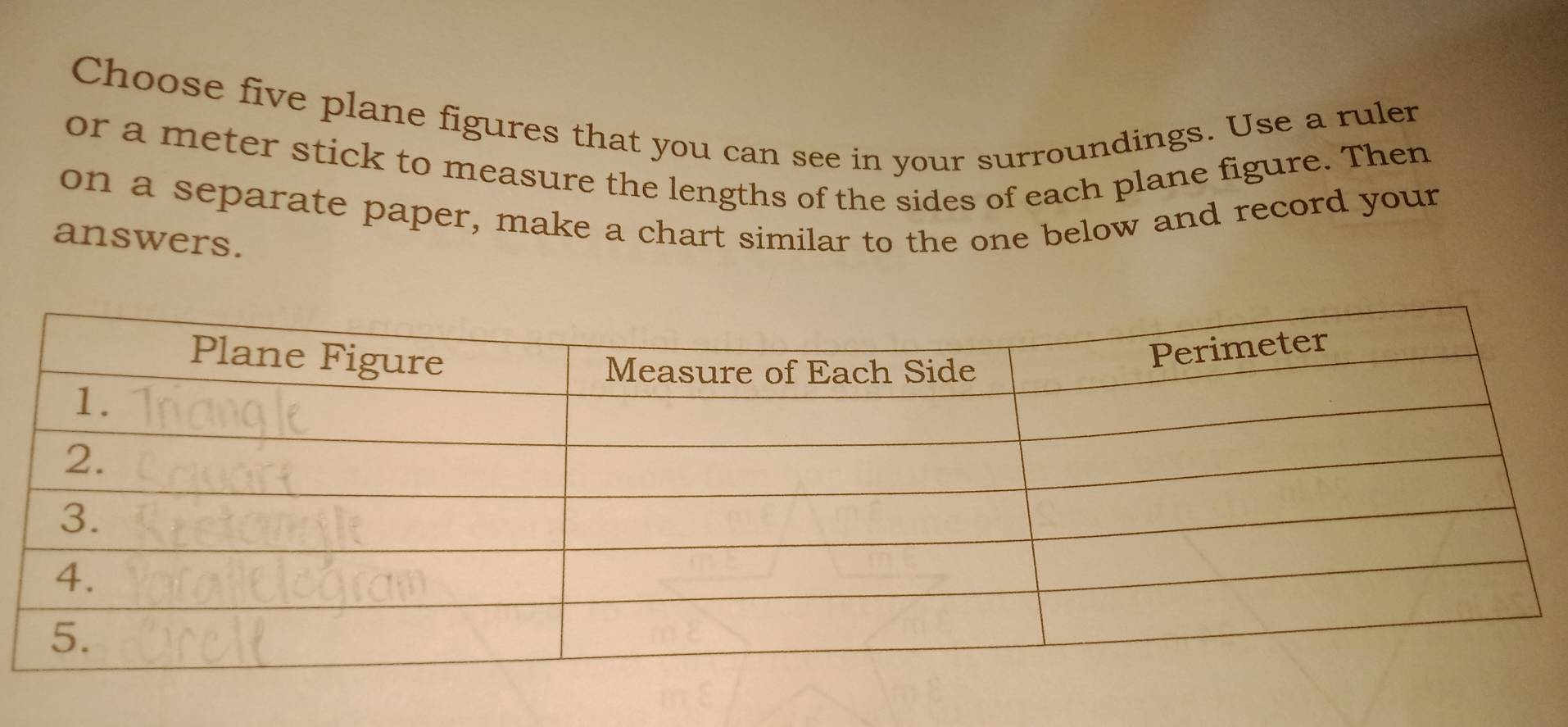 Solved: Choose five plane figures that you can see in your surroundings ...