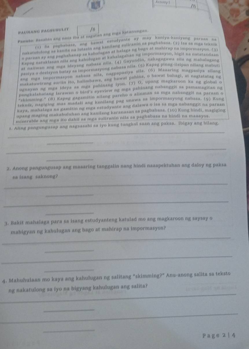 Solved: Activity 1 / Paunang PaGsÜßÜlit /B Panuto: Basahin ang nasa iba ...