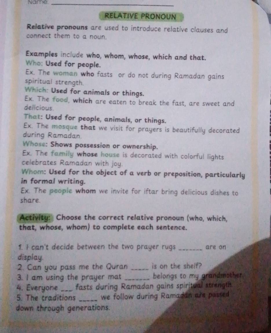 Solved: Name._ RELATIVE PRONOUN Relative pronouns are used to introduce ...